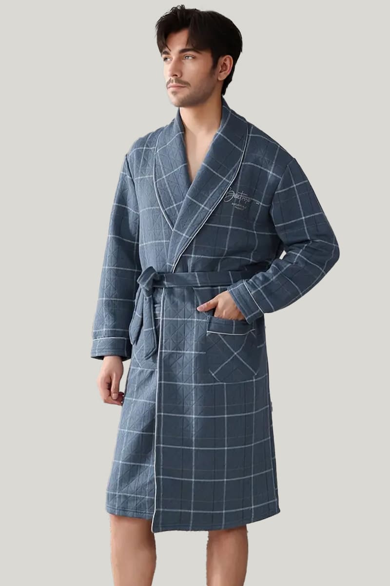Men'S Plaid Bamboo Fiber Robe Checkered Warm Lace Up Bath Robe With Po ...