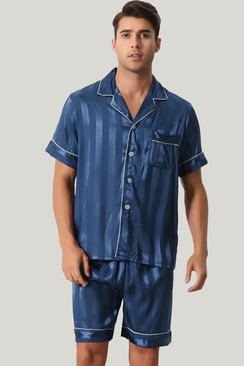 Men'S Short-Sleeved Shorts Satin Pajama Set, Striped Sleepwear Set – Grace